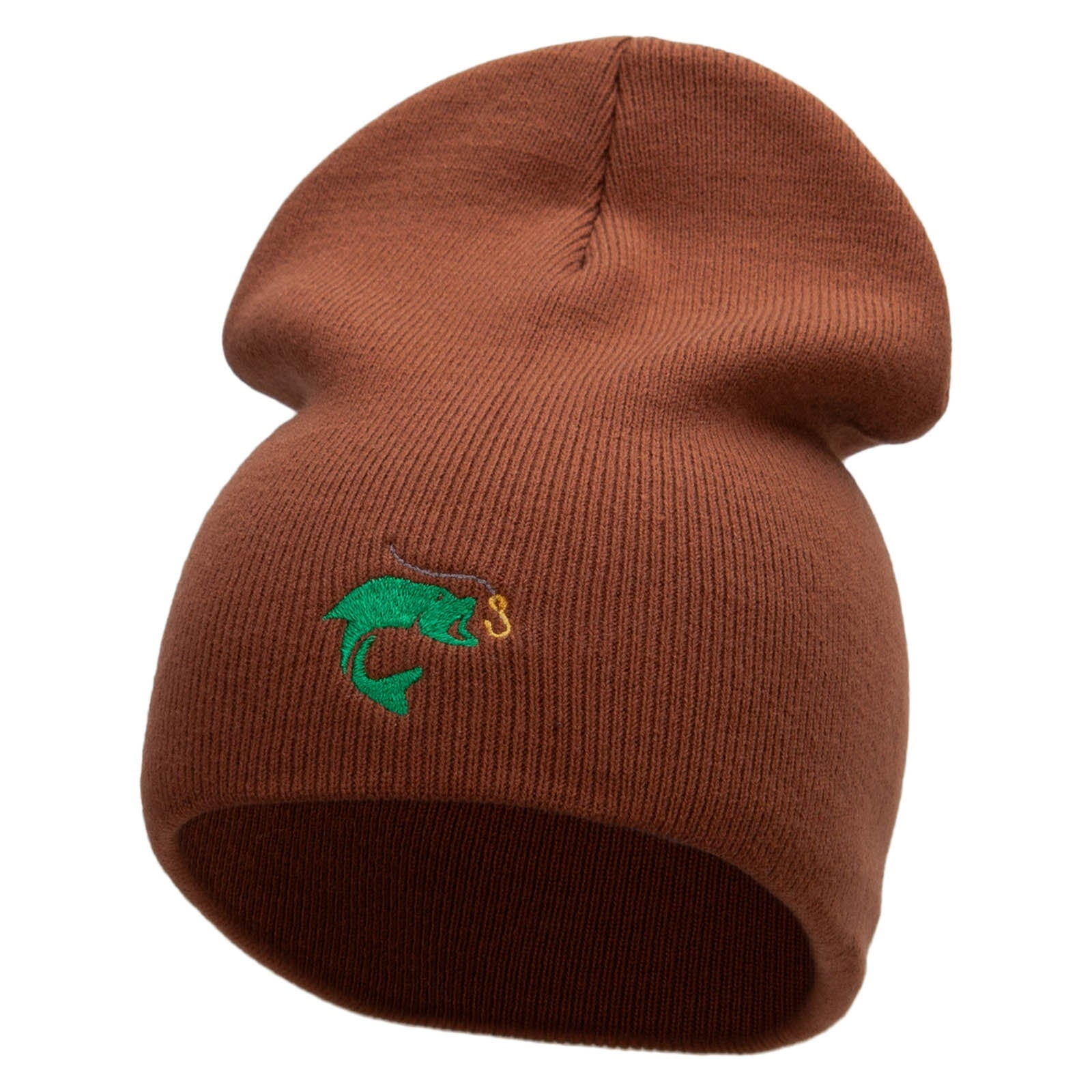 Hook Line Fish Embroidered 8 Inch Short Beanie Made in USA - Coyote ...