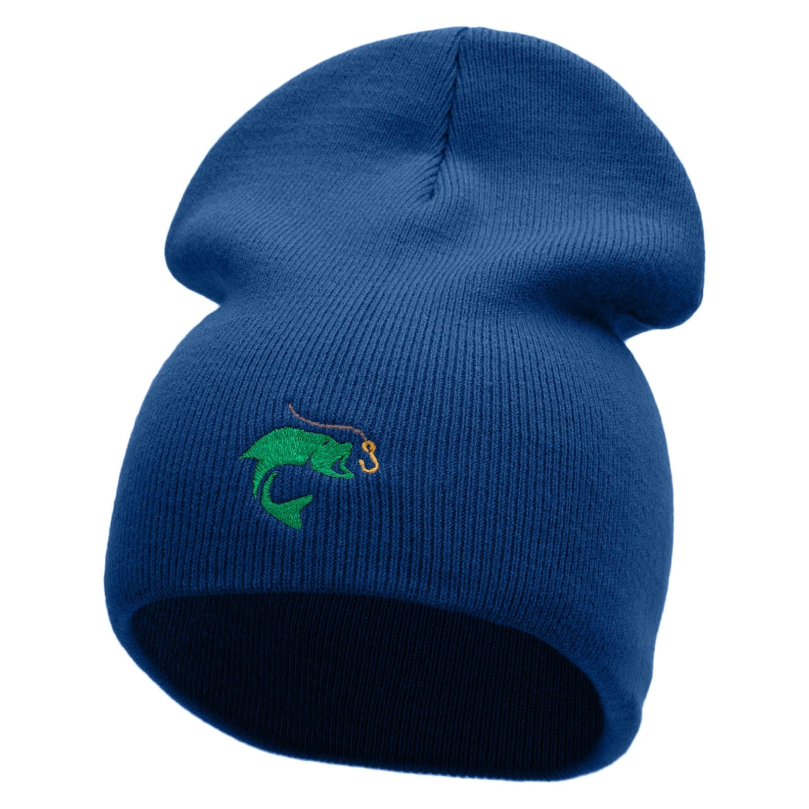 Hook Line Fish Embroidered 8 Inch Short Beanie Made in USA - Royal Blue ...