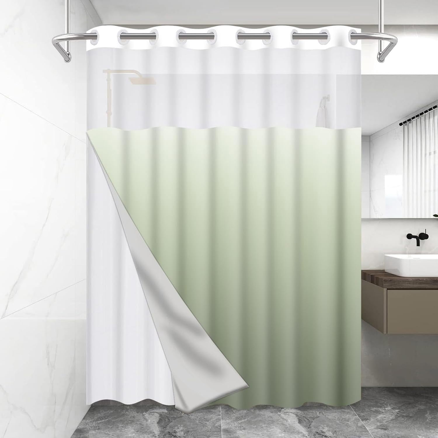 NO Hook Ombre Sage Green Shower Curtain with Snap-in Liner Set, Modern ...