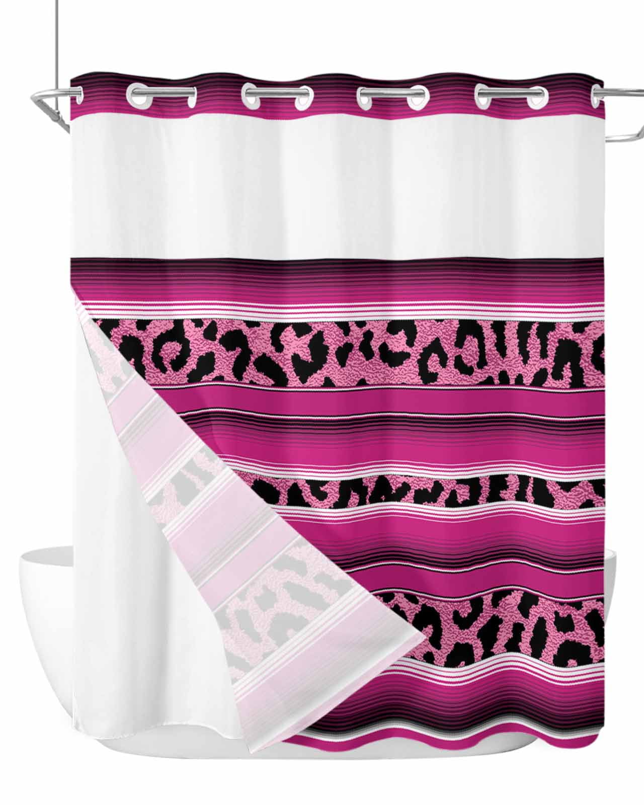 No Hook Pink Plaid Leopard Print Shower Curtain with Snap in Liner Set ...