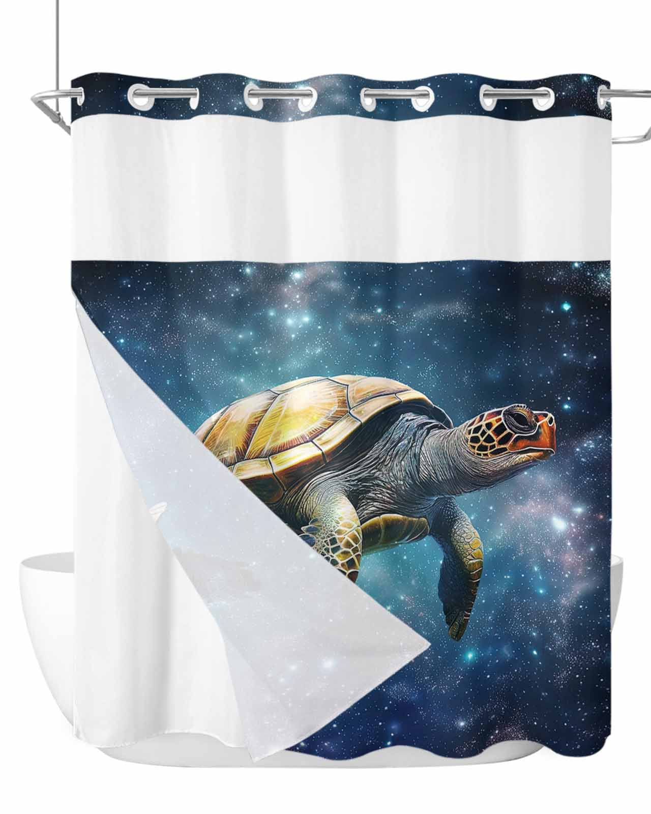 No Hook Sea Turtle Shower Curtain with Snap in Liner Set, Coastal Blue ...