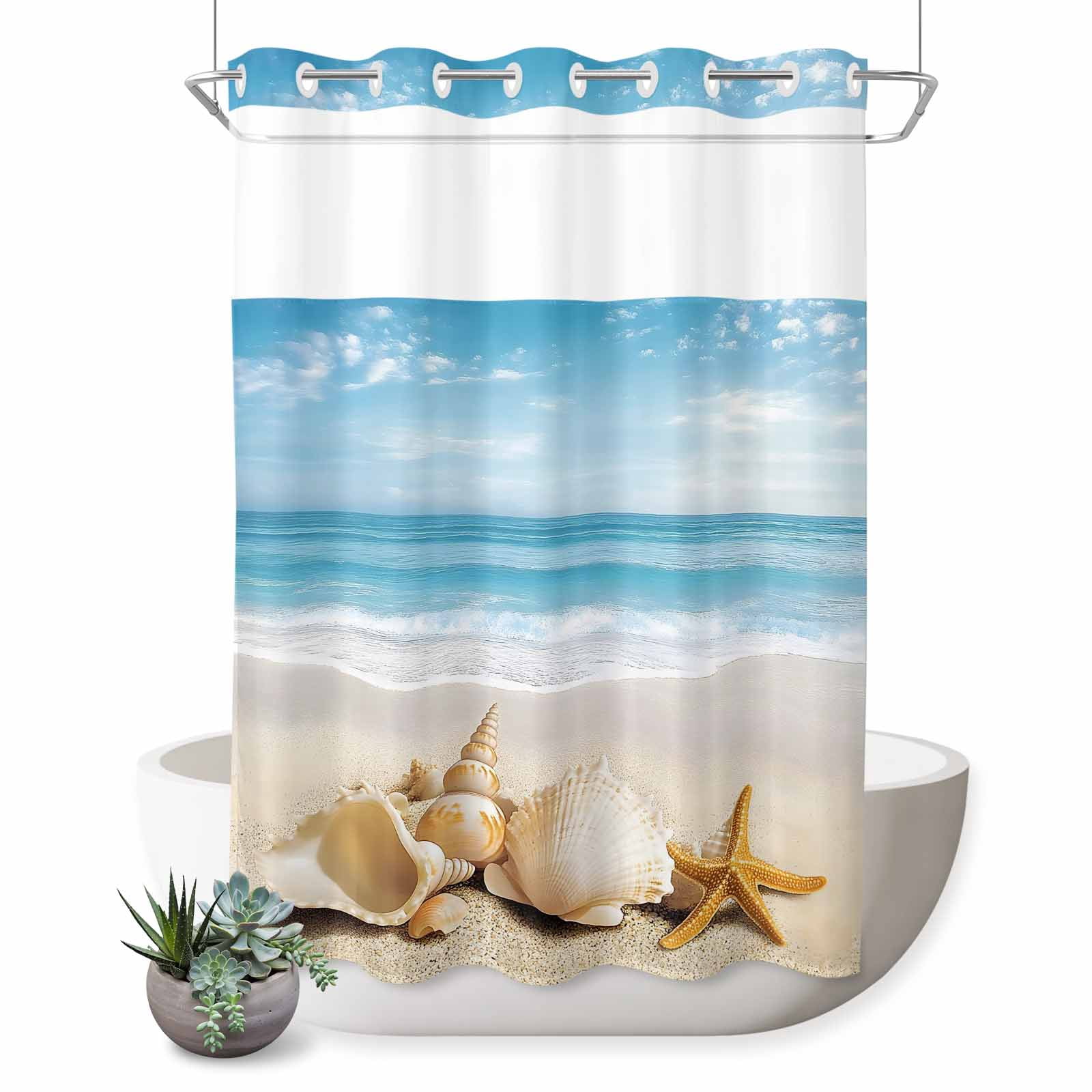 No Hook Shower Curtain, Beach Coastal Shower Curtains for Bathroom with ...