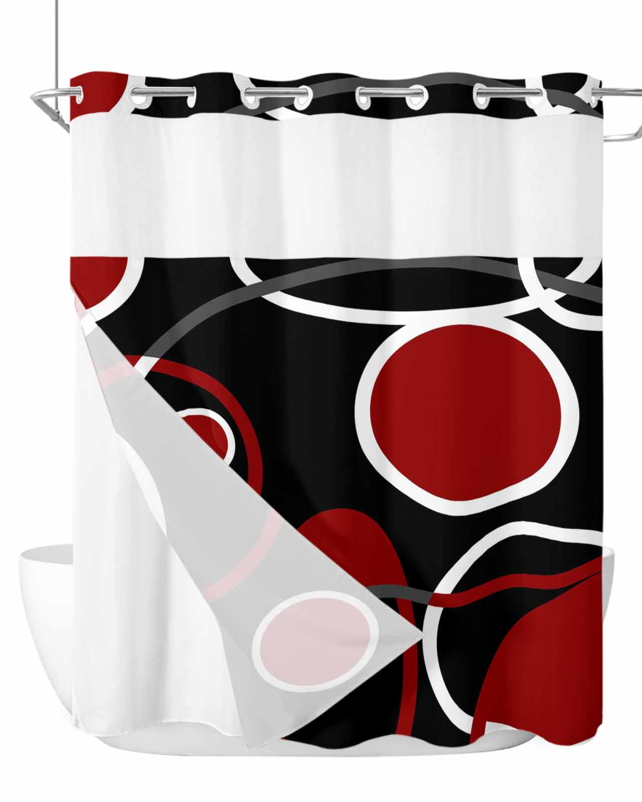 No Hook Shower Curtain, Black Red Standard Shower Curtain with Snap in ...