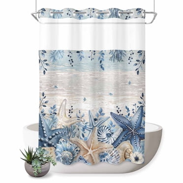 No Hook Shower Curtain, Beach Coastal Shower Curtains for Bathroom with ...