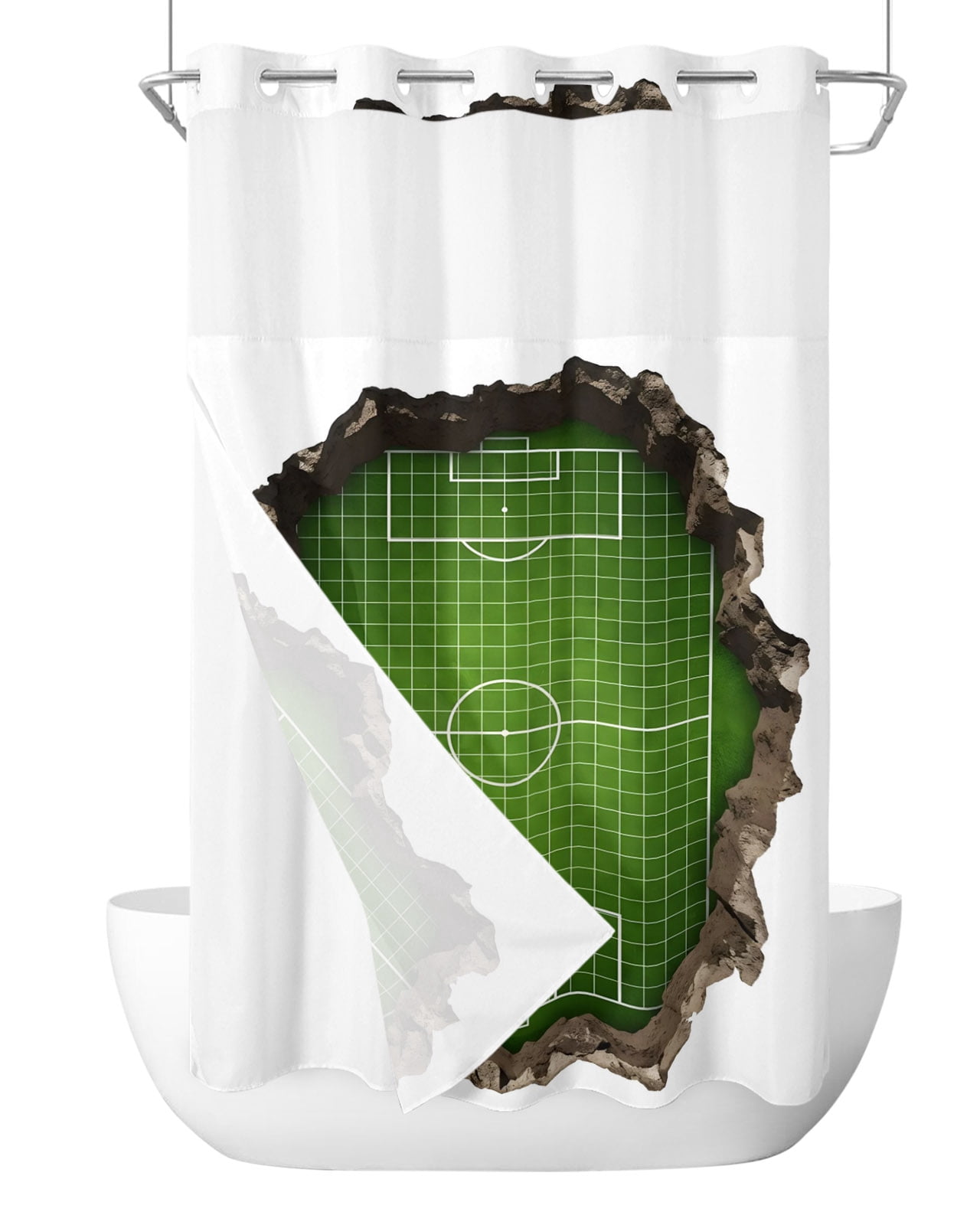 No Hook Shower Curtain, Broken Wall Green Football Small Shower ...