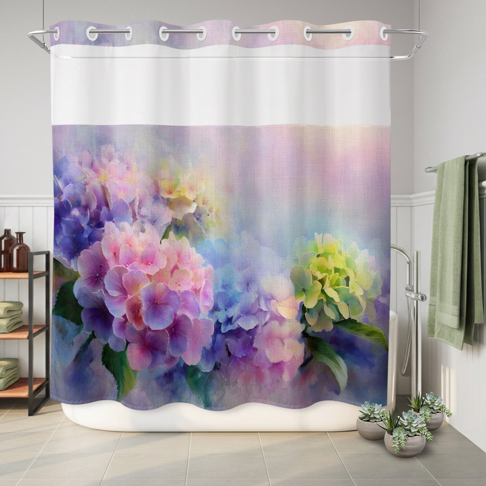 No Hook Shower Curtain with Built-In Rings, Pink Purple Flower Washable ...