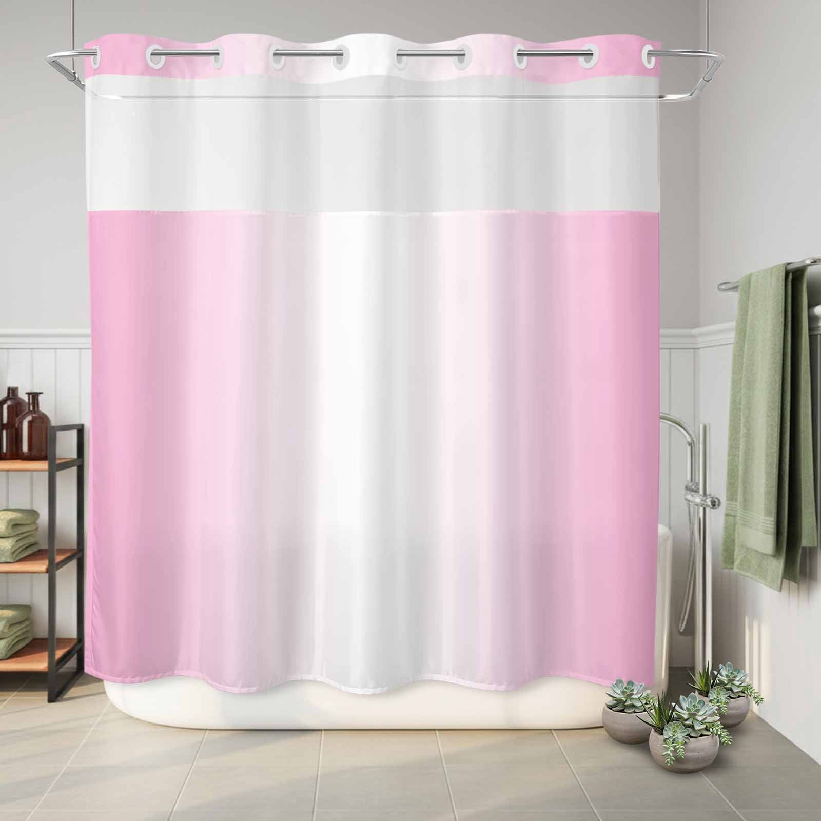 No Hook Shower Curtain with Built-In Rings, Pink and Washable ...