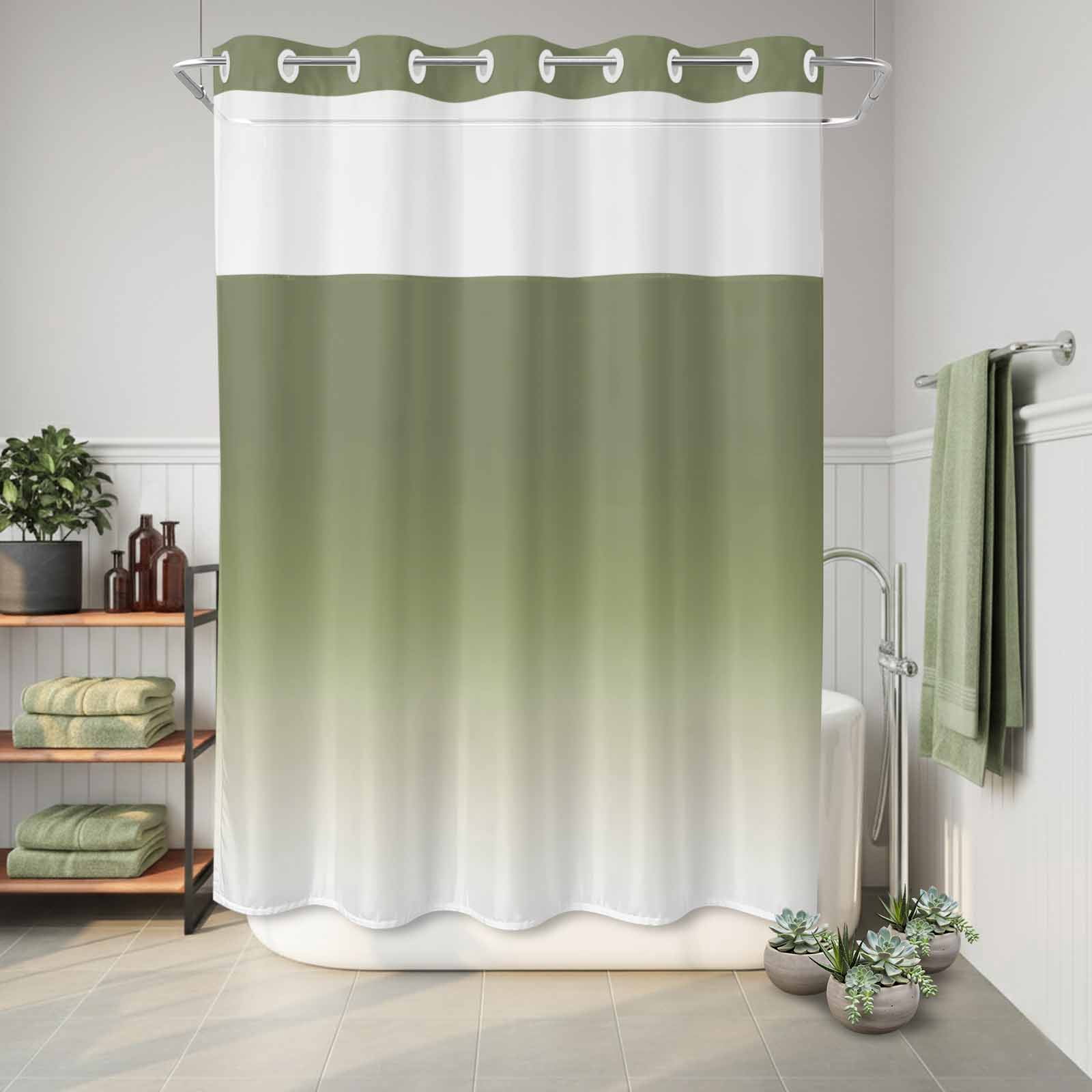 No Hook Shower Curtain with Built-In Rings, Sage Green Washable ...