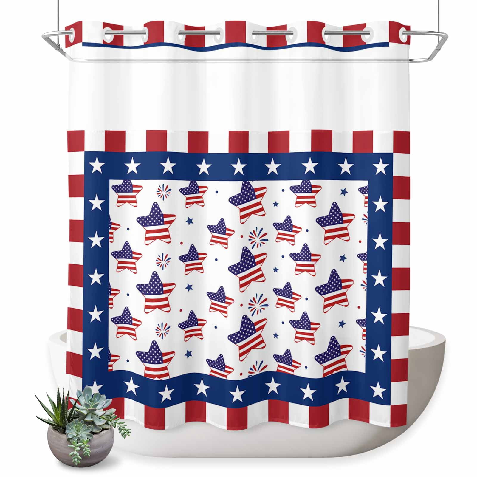No Hook Shower Curtain with Built-in Rings - American Flag 4th of July ...
