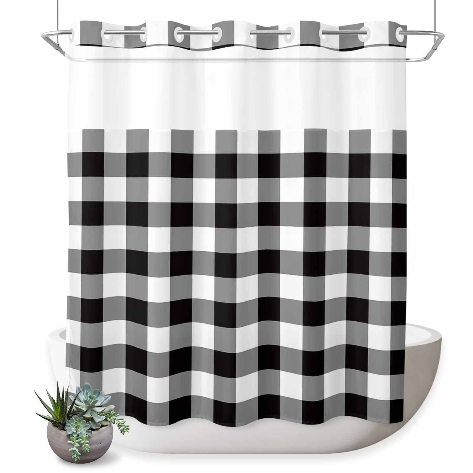 No Hook Shower Curtain with Built-in Rings - Black White Checkered ...