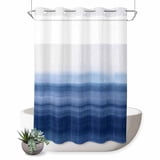 No Hook Shower Curtain with Built-in Rings - Navy Blue White Washable ...
