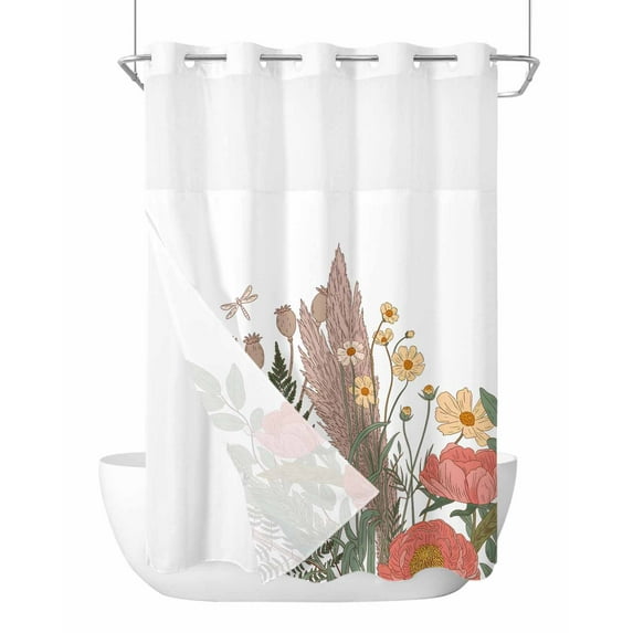 No Hook Shower Curtain, Fall Flower Long Bathtub Curtains with Snap in ...