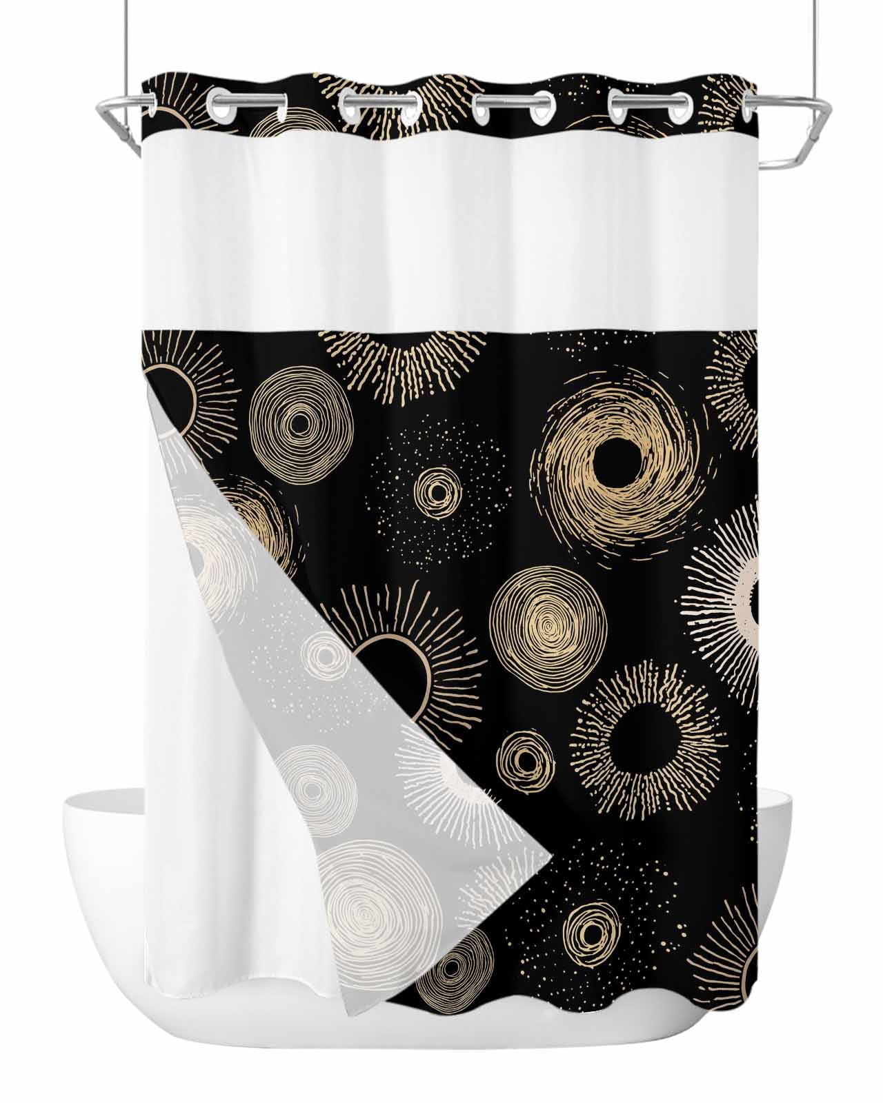 No Hook Shower Curtain, Geometric Black Standard Shower Curtains with ...