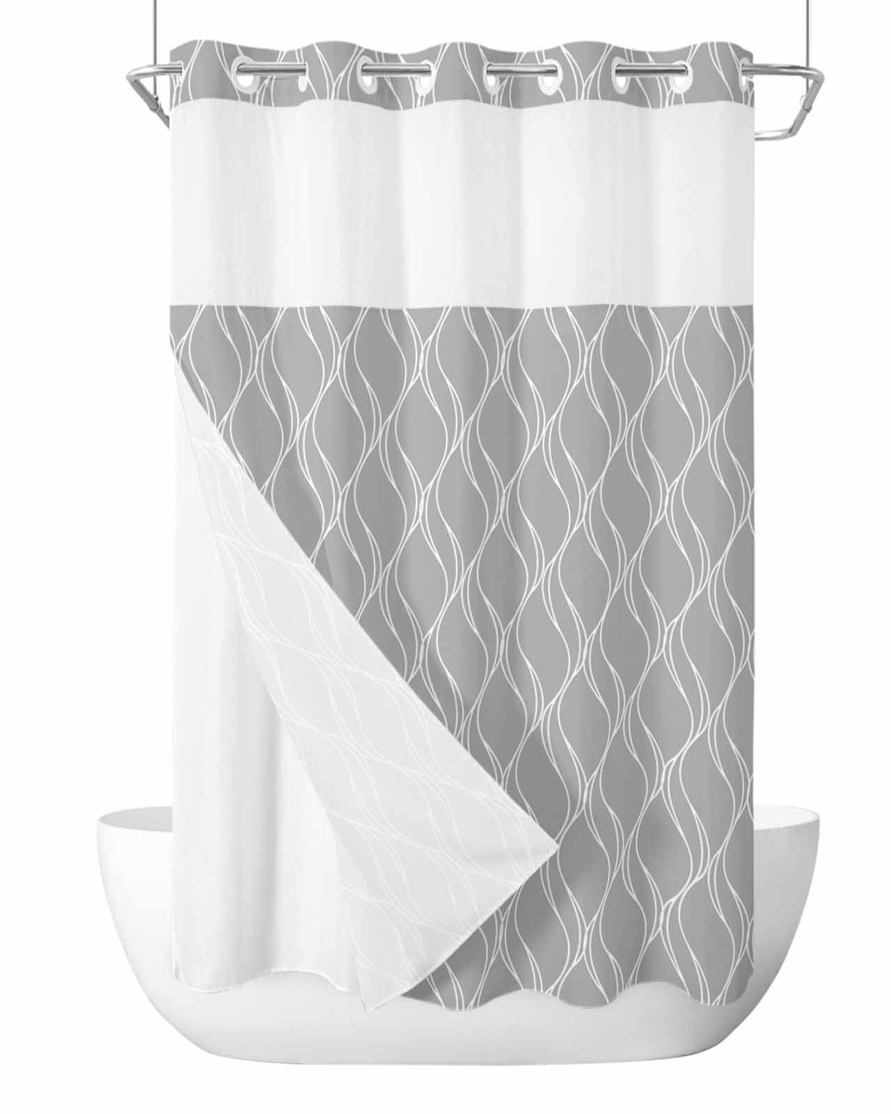 No Hook Shower Curtain, Grey White Stripes Small Shower Curtains with ...