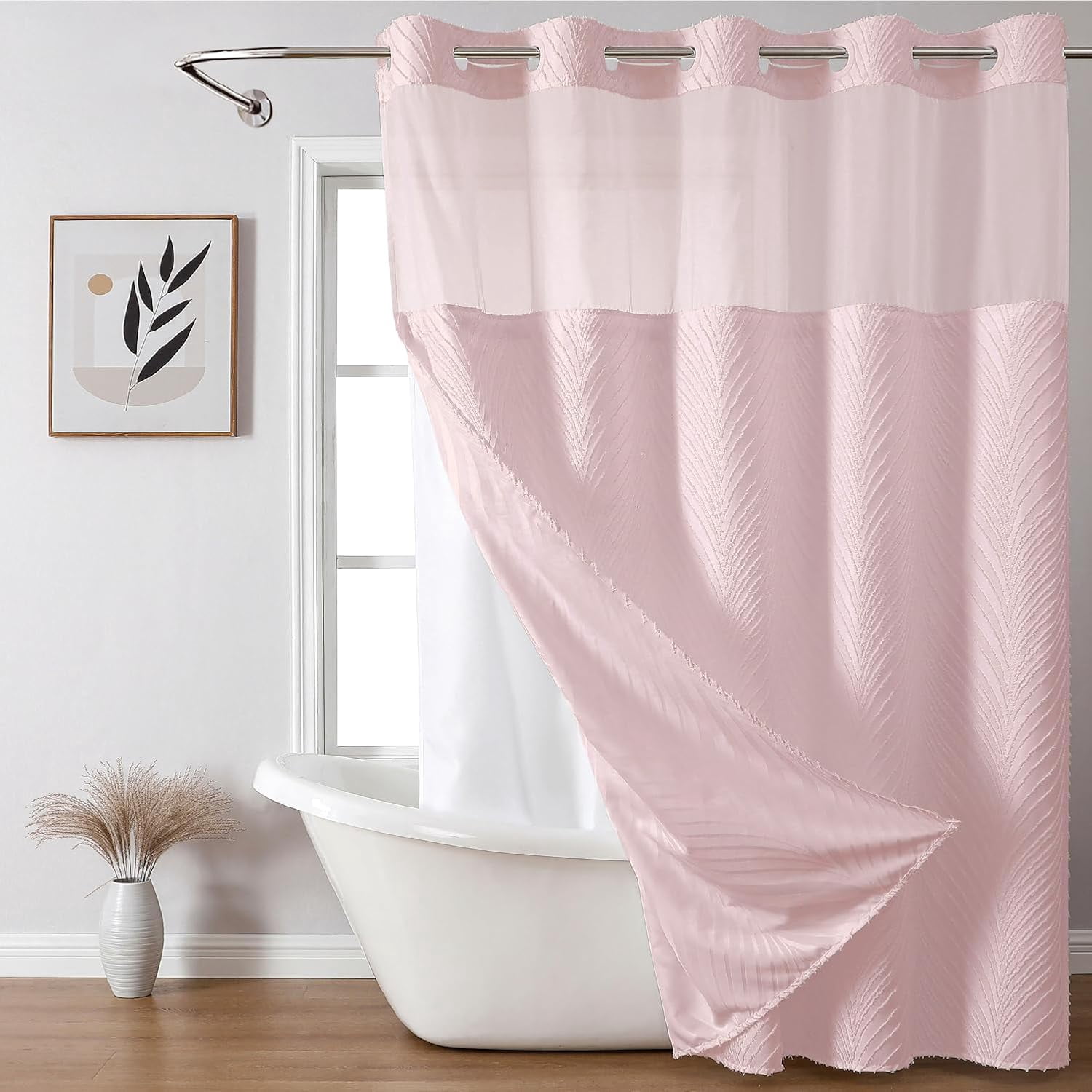 no Hook Shower Curtain and Liner Set，Boho Style with See Through Top ...