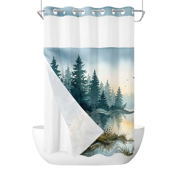 No Hook Shower Curtain, Nature Forest Small Shower Curtains with Snap ...