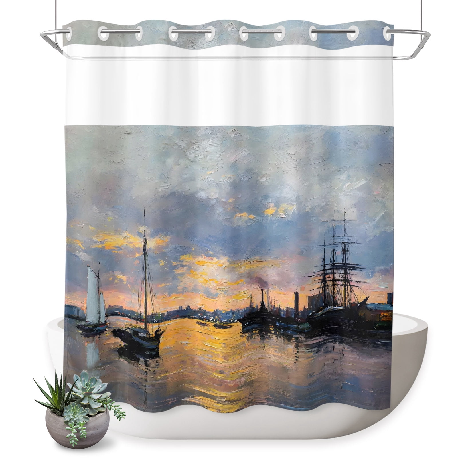 No Hook Shower Curtain, Nautical Boat Shower Curtains for Bathroom with ...