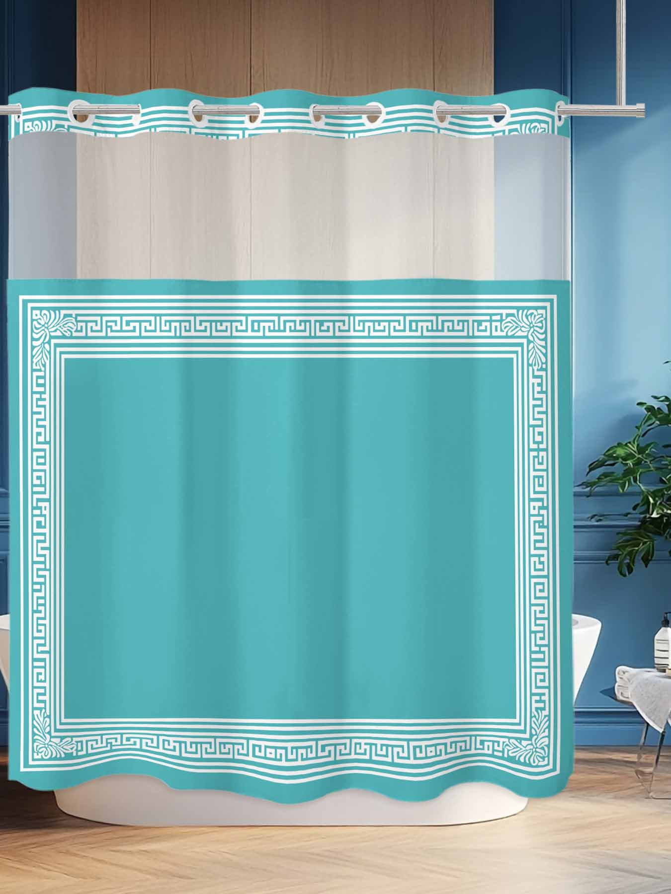 No Hook Shower Curtain Set with Snap in Liner, Abstract Greece Key ...