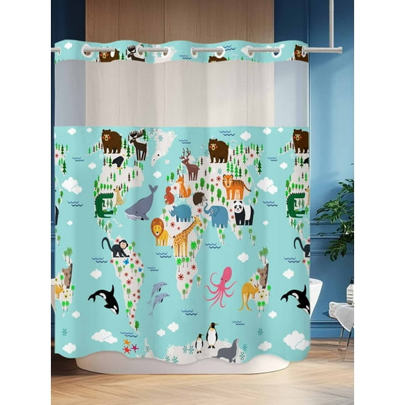 No Hook Shower Curtain Set with Snap in Liner, Abstract Map Cartoon ...