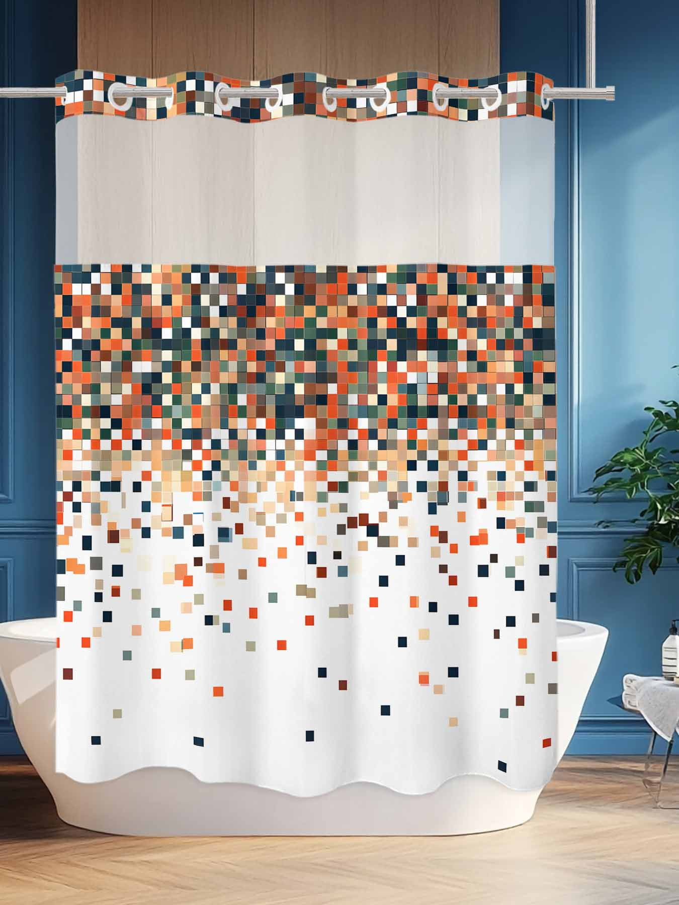 No Hook Shower Curtain Set with Snap in Liner, Abstract Orange Red ...