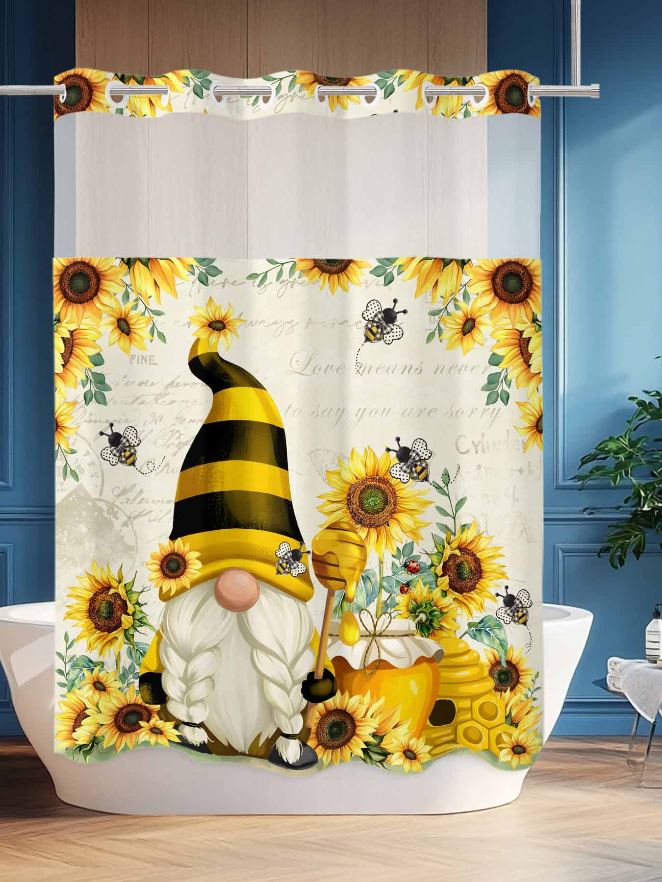 No Hook Shower Curtain Set with Snap in Liner, Bee Dwarf Watercolor ...
