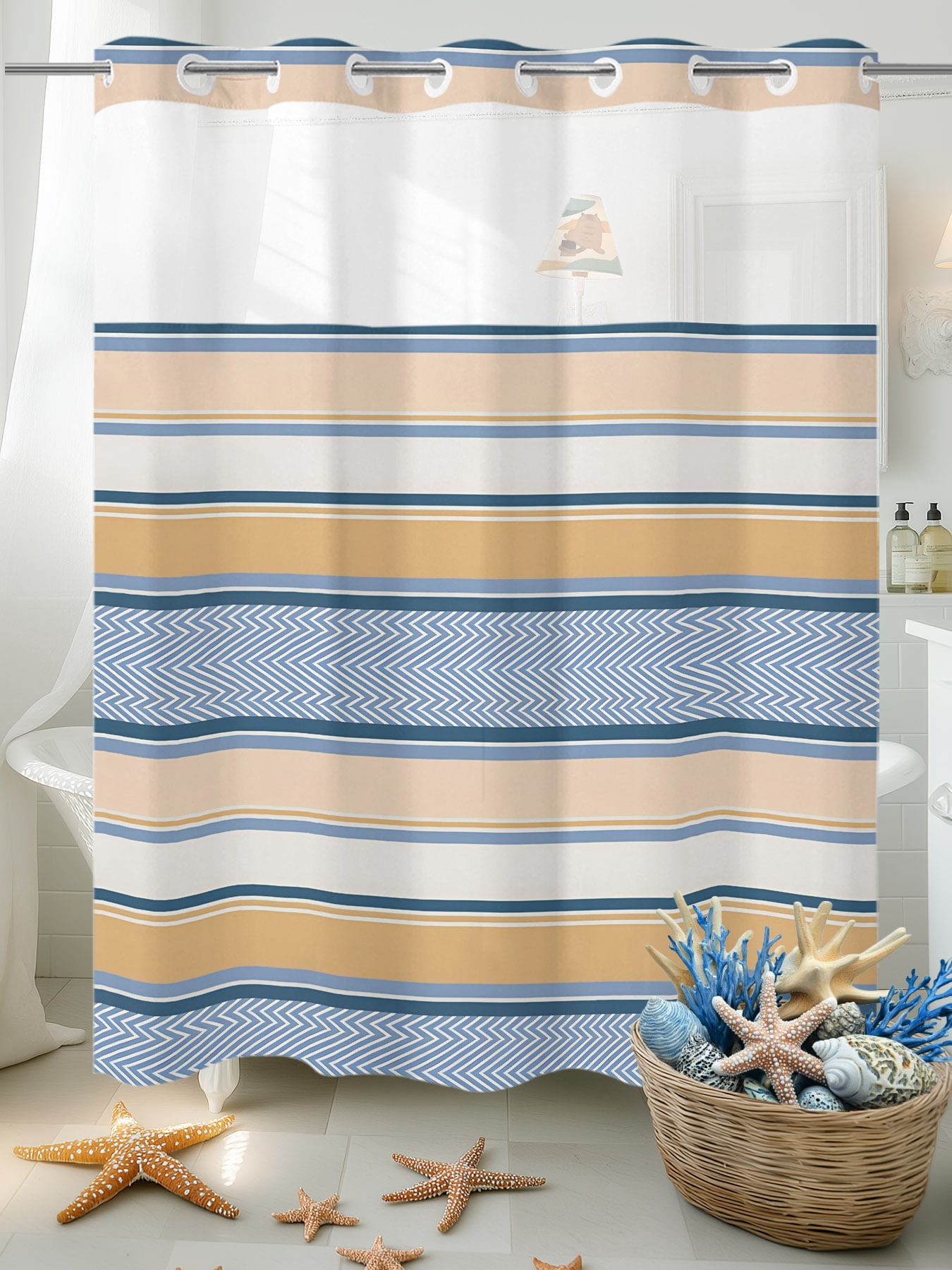 No Hook Shower Curtain Set with Snap in Liner, Beige Blue Brown Stripe ...