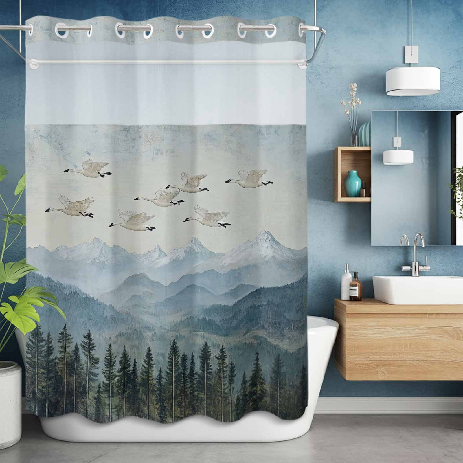 No Hook Shower Curtain Set with Snap in Liner, Bird Mountain Forest ...