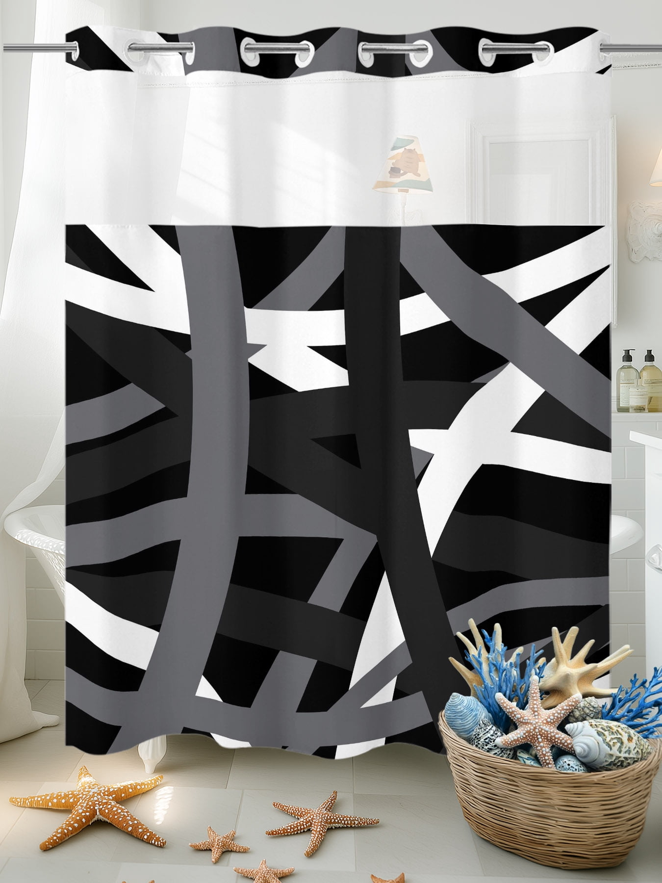 No Hook Shower Curtain Set with Snap in Liner, Black White Gray Lines ...
