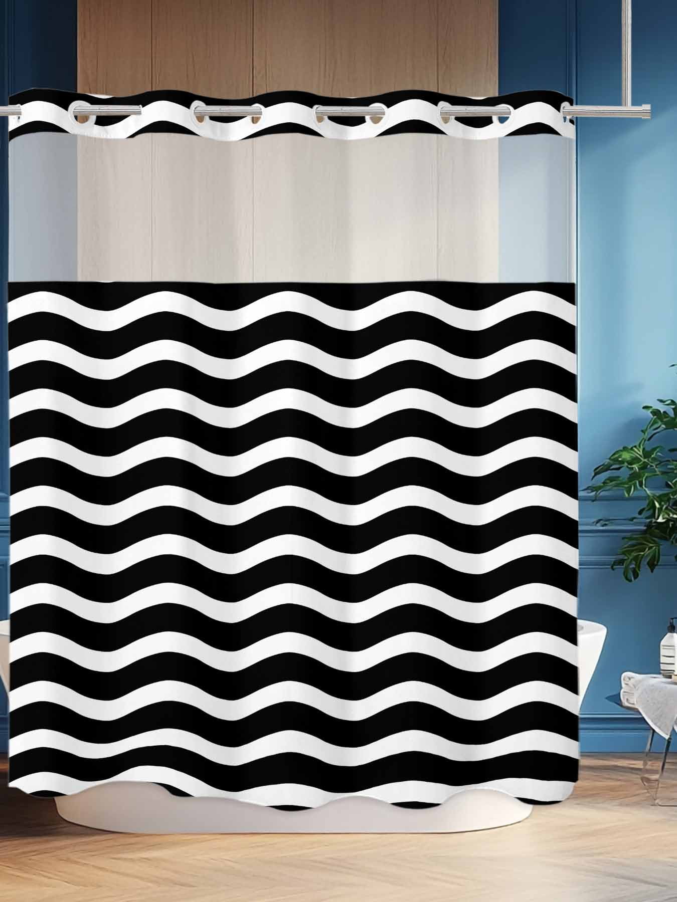 No Hook Shower Curtain Set with Snap in Liner, Black and White Stripes ...