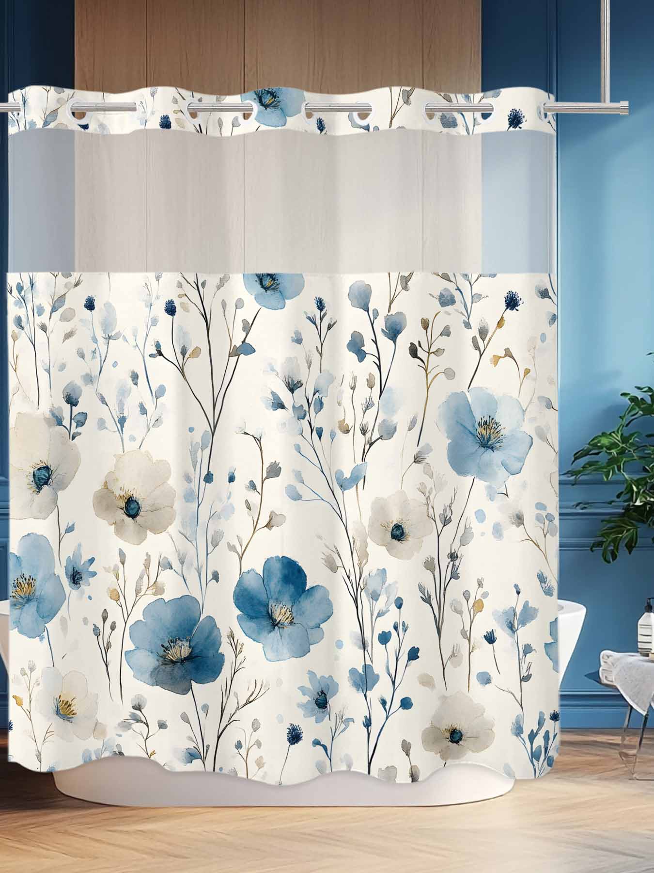 No Hook Shower Curtain Set with Snap in Liner, Blue Flower Pastoral ...