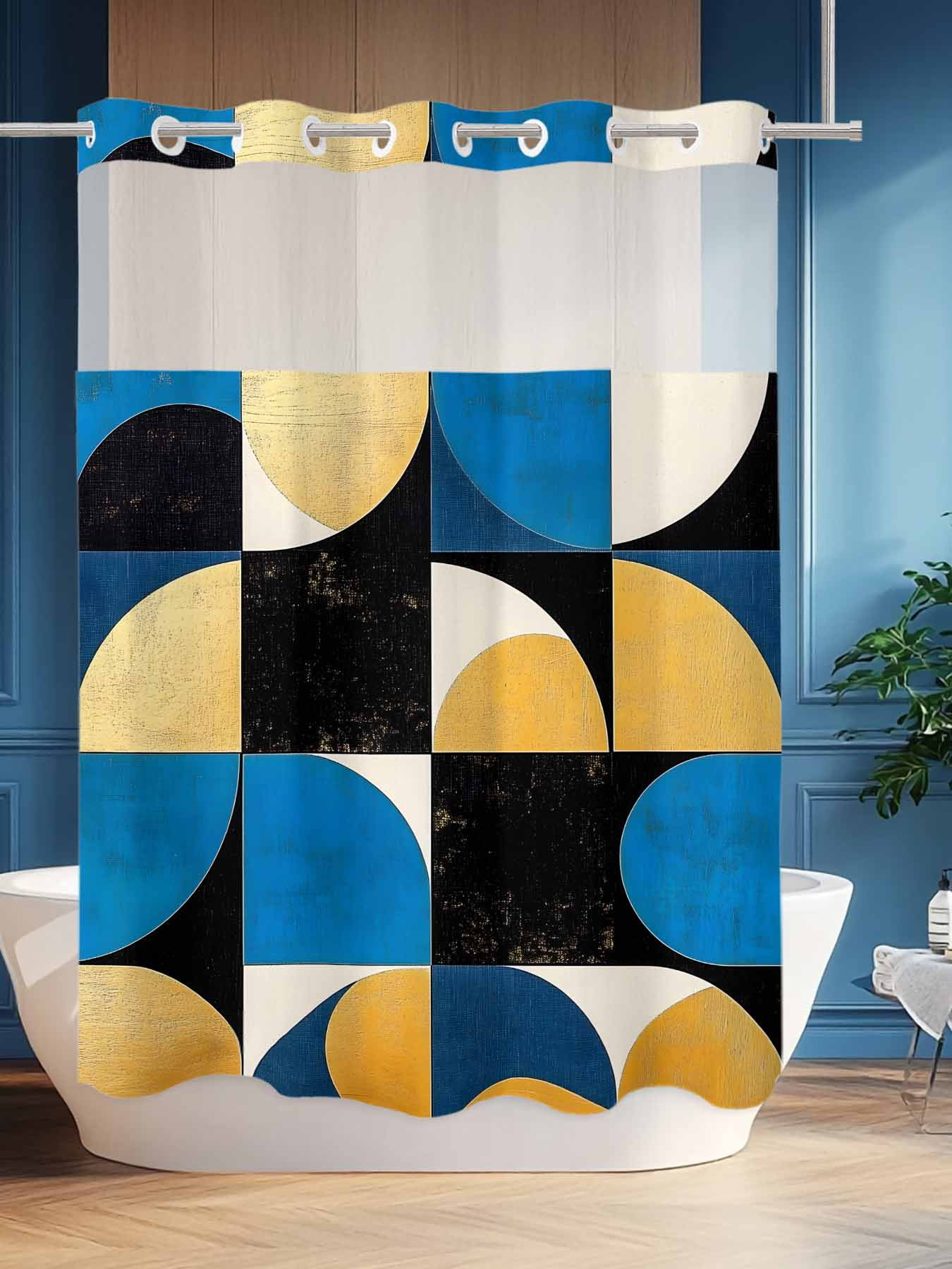 No Hook Shower Curtain Set with Snap in Liner, Blue Yellow Color Block ...