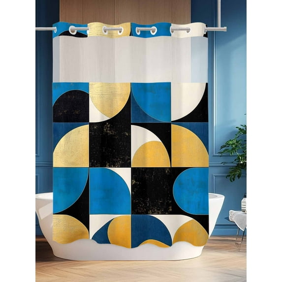 No Hook Shower Curtain Set with Snap in Liner, Blue Yellow Color Block ...