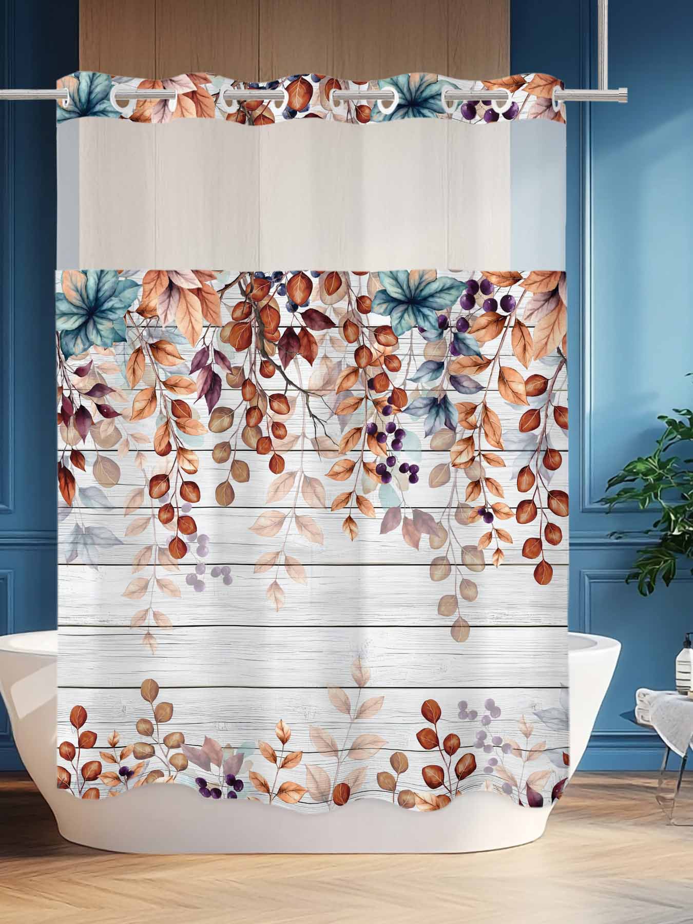 No Hook Shower Curtain Set with Snap in Liner, Burnt Orange Eucalyptus ...