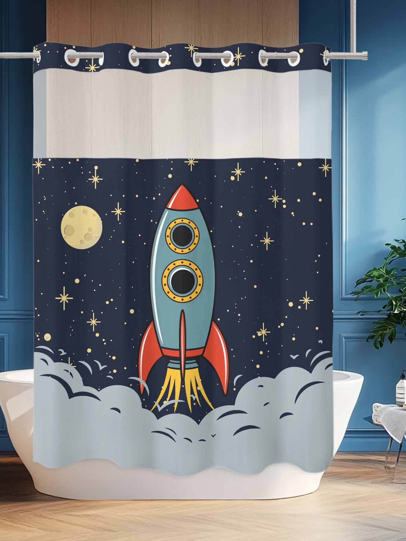 No Hook Shower Curtain Set with Snap in Liner, Cartoon Space Rocket ...