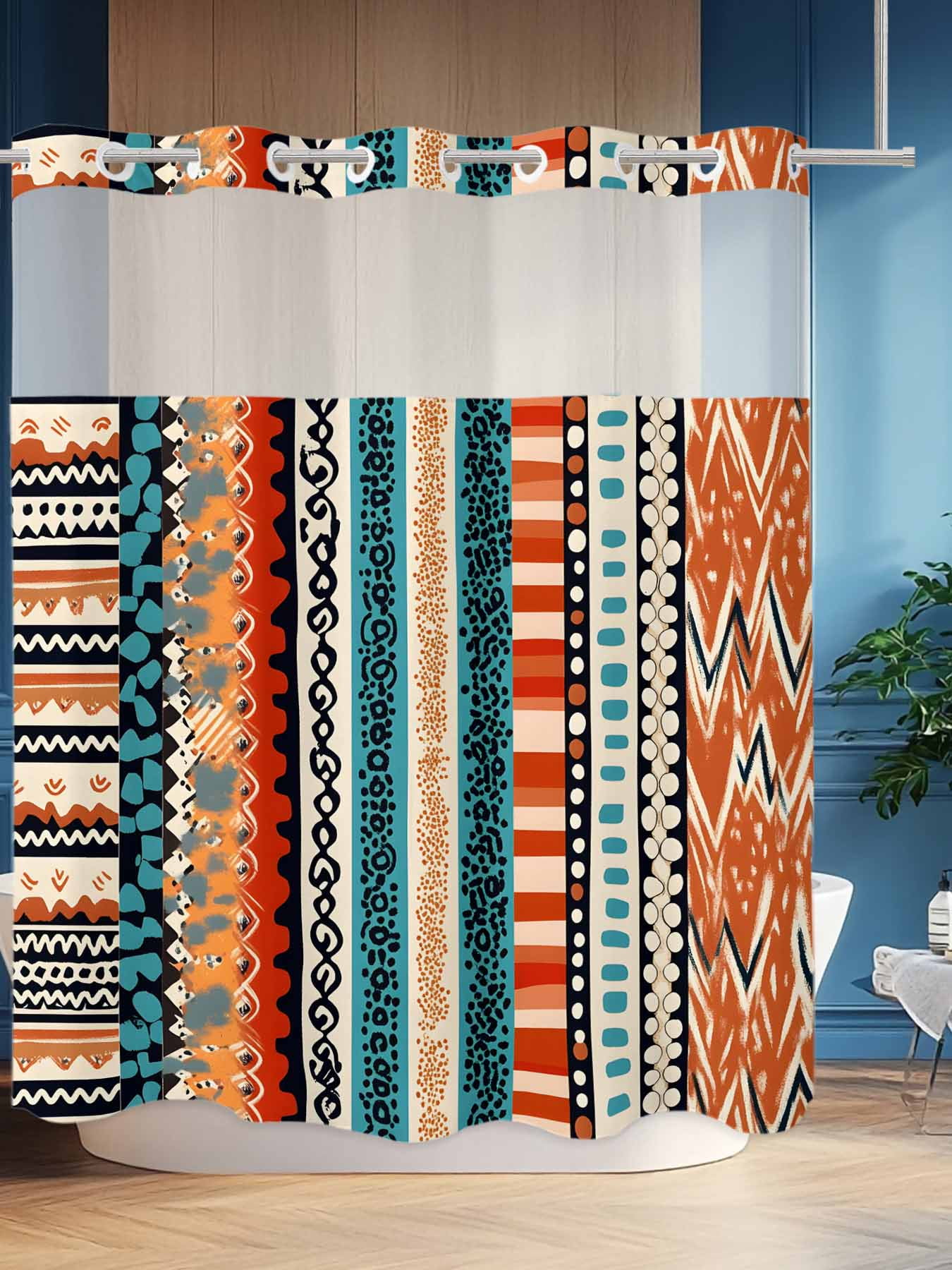 No Hook Shower Curtain Set with Snap in Liner, Classical Bohemian ...