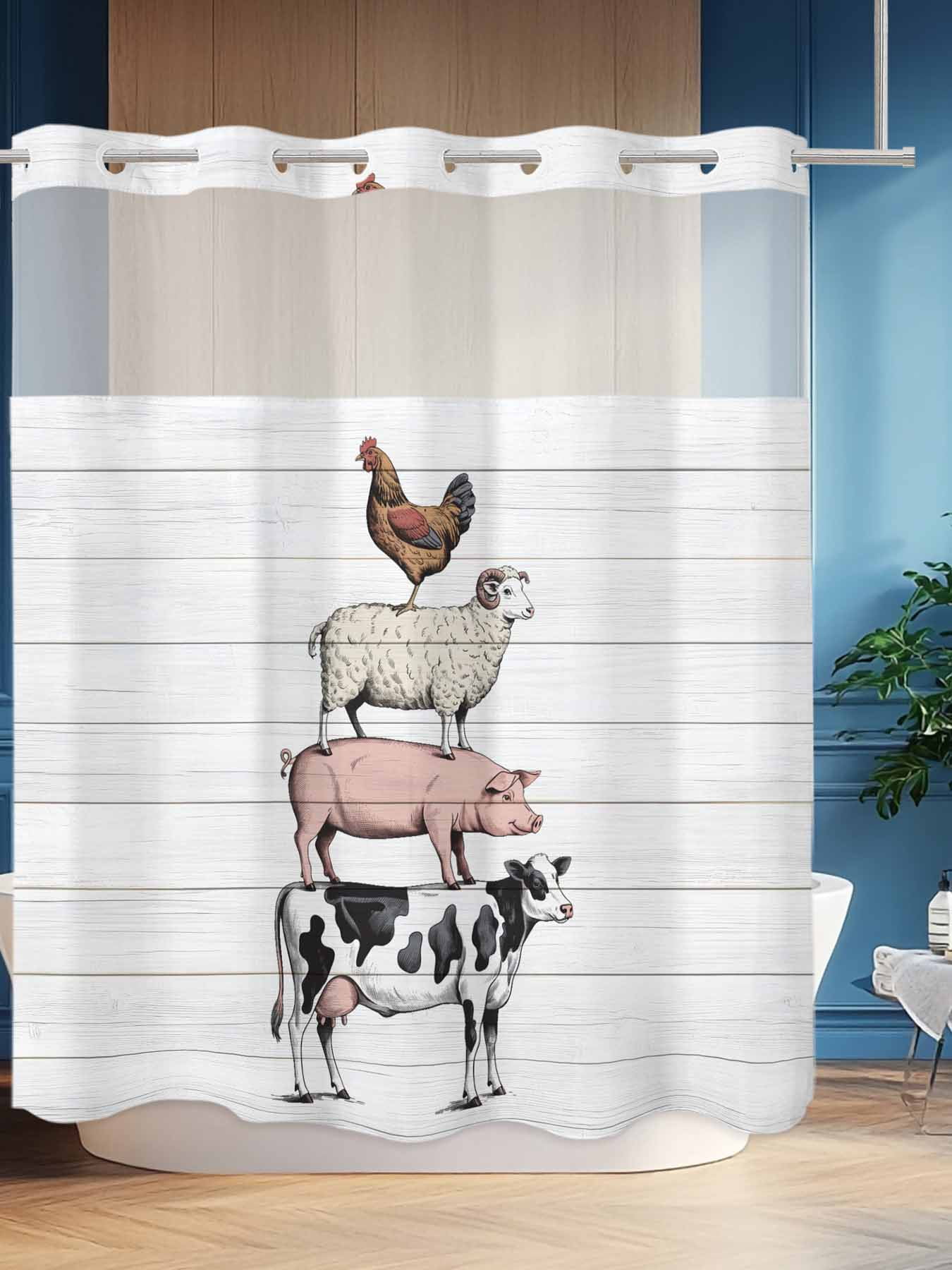 No Hook Shower Curtain Set with Snap in Liner, Farm Cow Pig Sheep ...