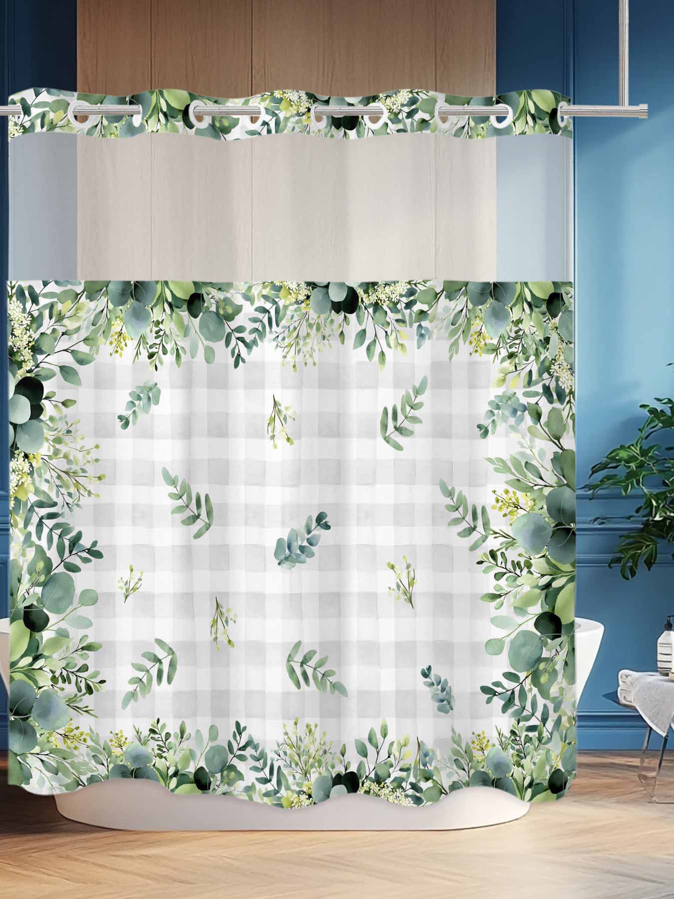 No Hook Shower Curtain Set with Snap in Liner, Farm Ombre Eucalyptus ...