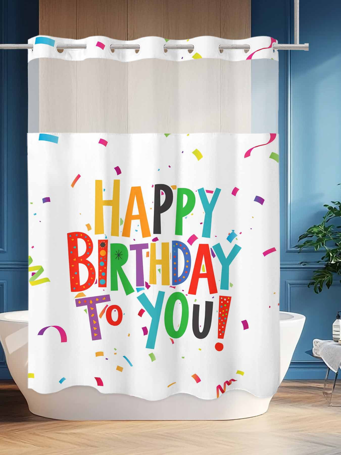 No Hook Shower Curtain Set with Snap in Liner, Happy Birthday to You ...