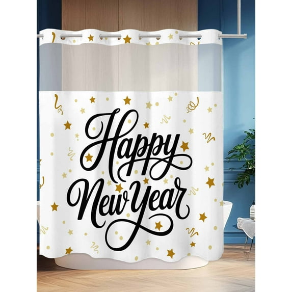 No Hook Shower Curtain Set with Snap in Liner, Happy New Year Words ...