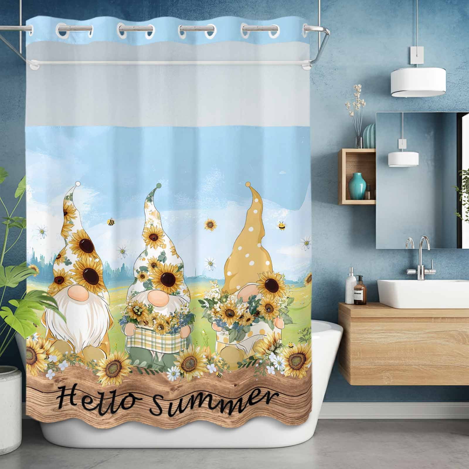 No Hook Shower Curtain Set with Snap in Liner, Hello Summer Words on ...