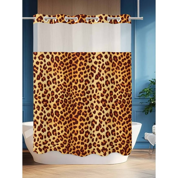 No Hook Shower Curtain Set with Snap in Liner, Leopard Print Animal ...