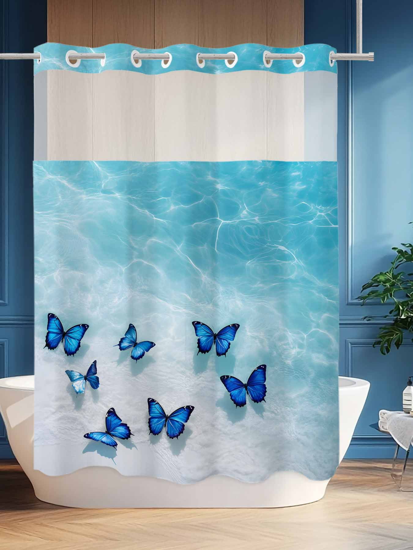 No Hook Shower Curtain Set with Snap in Liner, Natural Ocean Beach Blue ...