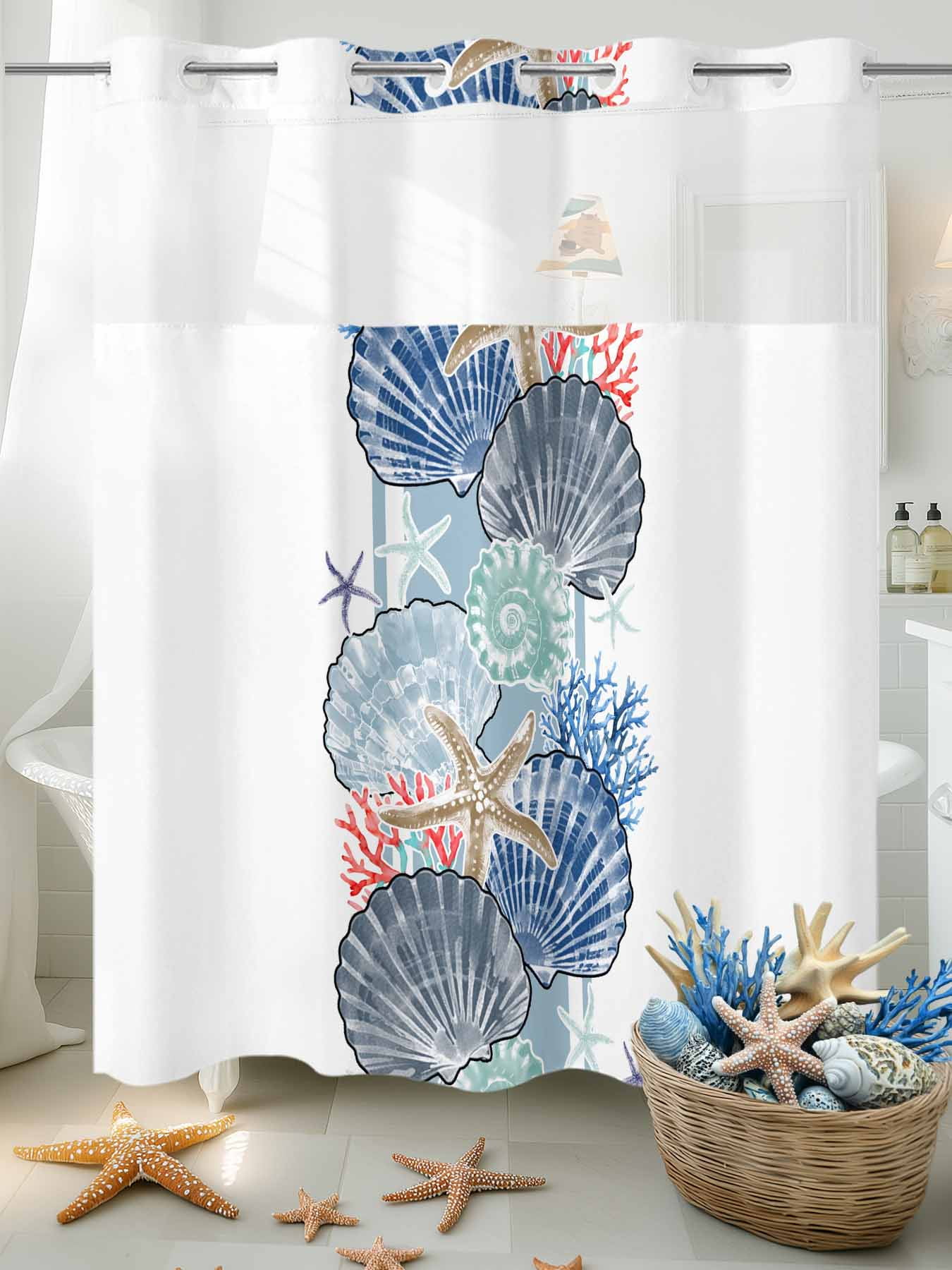 No Hook Shower Curtain Set with Snap in Liner, Ocean Shells Starfish ...