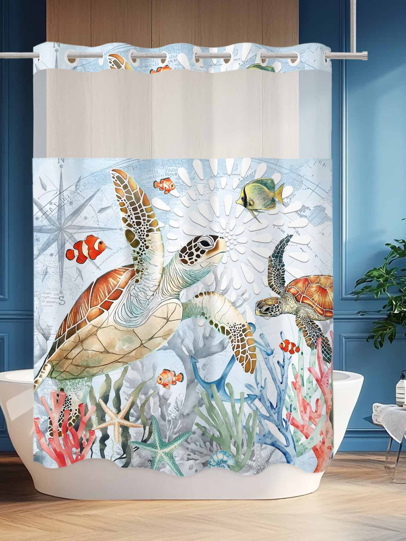 No Hook Shower Curtain Set with Snap in Liner, Retro Turtle Summer ...