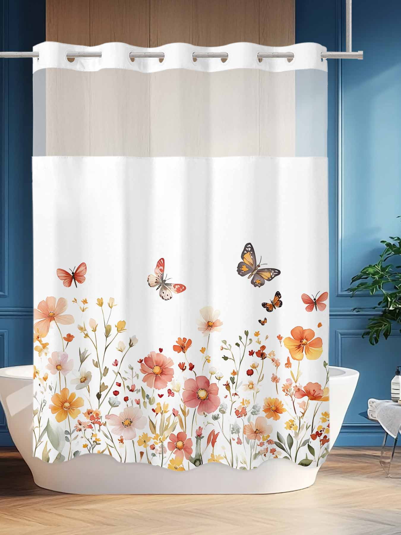 No Hook Shower Curtain Set with Snap in Liner, Retro Watercolor Floral ...