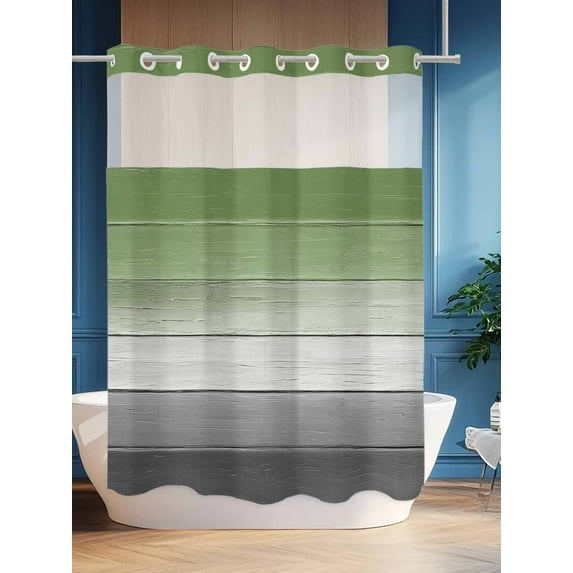 No Hook Shower Curtain Set with Snap in Liner, Sage Green Gradient Wood ...