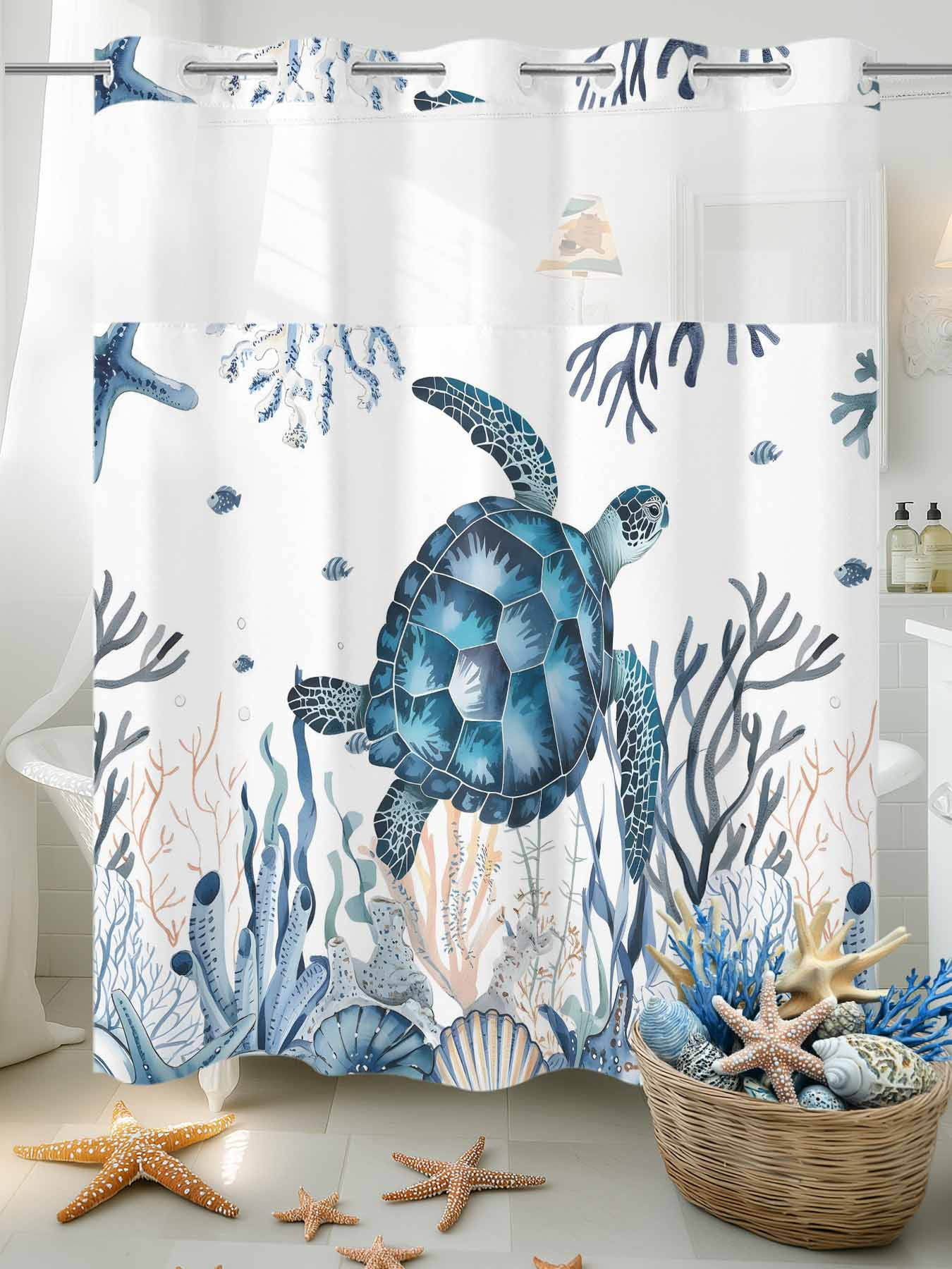 No Hook Shower Curtain Set with Snap in Liner, Sea Turtle Starfish ...