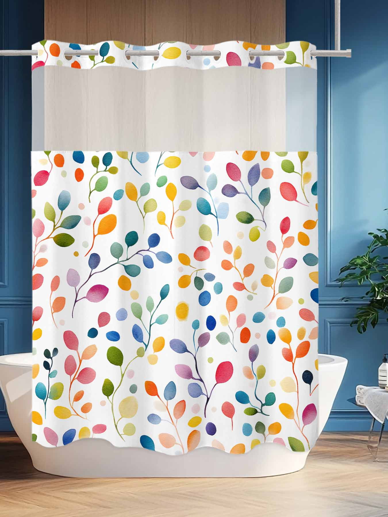 No Hook Shower Curtain Set with Snap in Liner, Spring Abstract Colorful ...