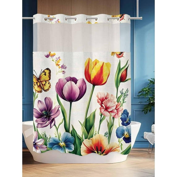 No Hook Shower Curtain Set with Snap in Liner, Spring Blossom Floral ...