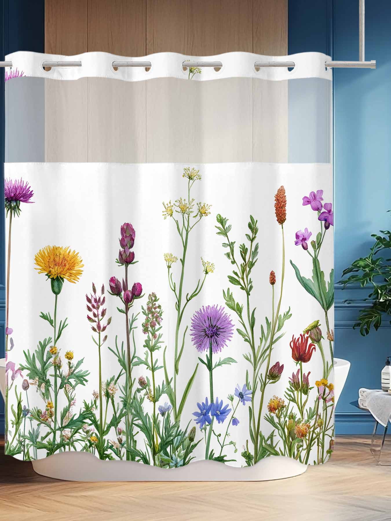 No Hook Shower Curtain Set with Snap in Liner, Spring Farmhouse ...